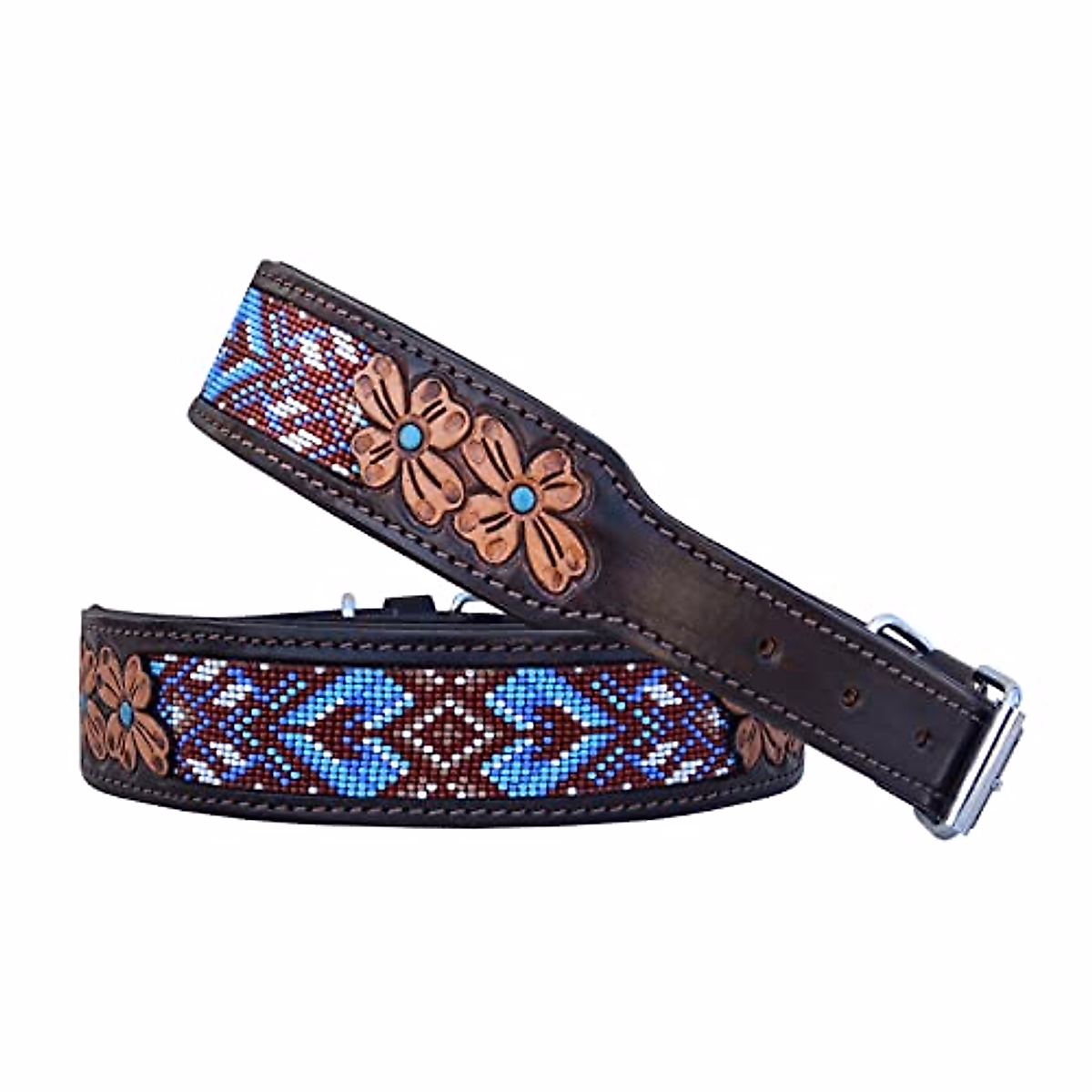 Leather Dog Collar Extra Small Size Western Style Heavy Duty Hand Tooled Adjustable Beaded and Padded Soft for Puppies and Big Dogs 10AB032-XS