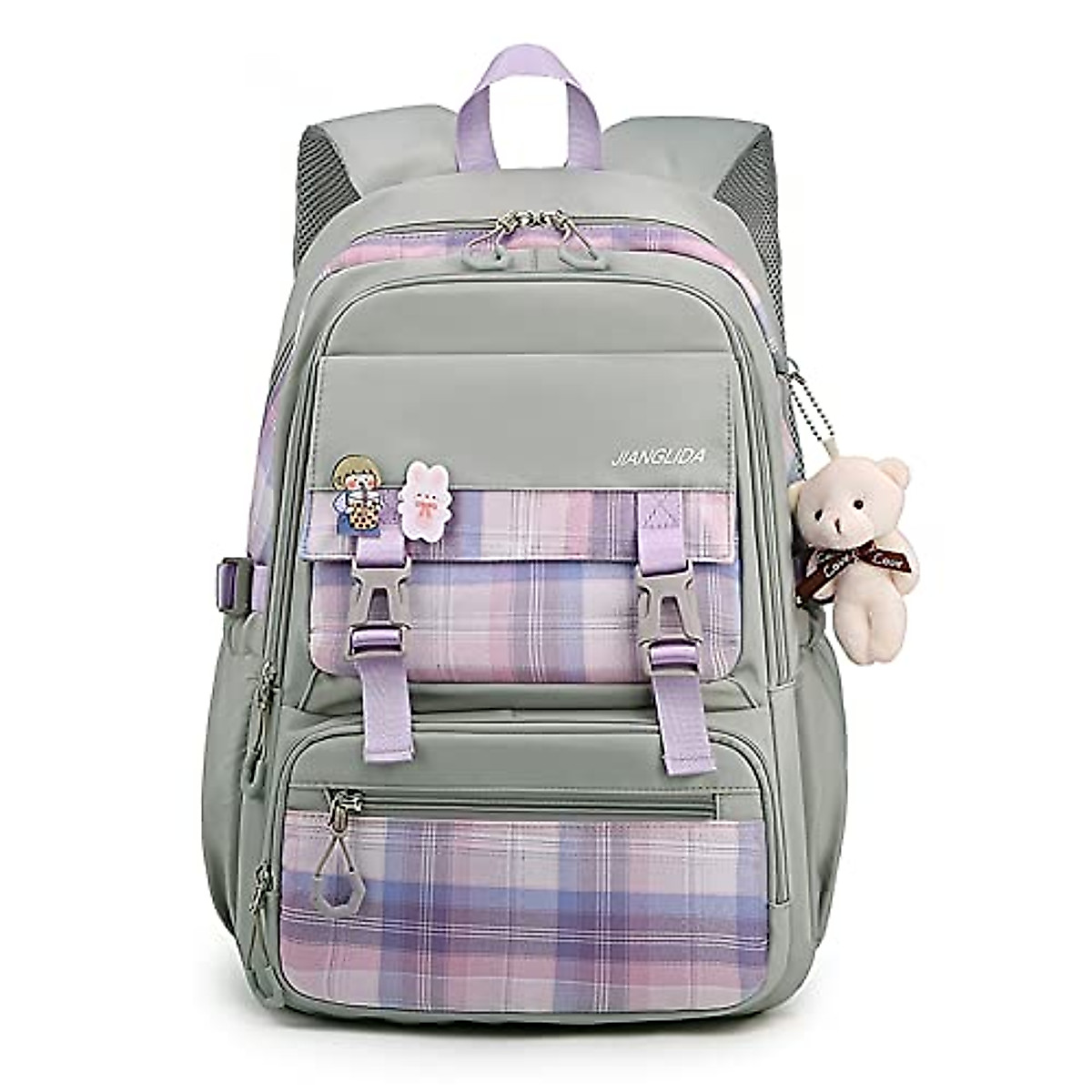Aesthetic Backpack for School, Cute Girls Preppy Book Bag, Kawaii Large Capacity Middle School Plaid Backpack for Teenagers (Grey)