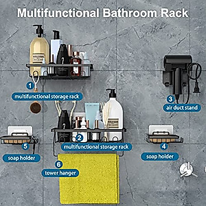 AucrBoa 6 Pack Shower Caddy Bathroom Shelf with Hair Dryer Holder, and Towel bar and Soap Dishes, No Drilling Traceless Adhesive Wall Mounted Bathroom Storage Organizer Basket with Hooks,Black