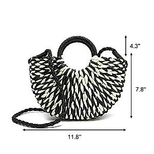 QTKJ Women Summer Retro Straw Tote Bag Hand-woven Boho Shoulder Bag Crossbody Bag Round Handle Beach Handbags (Black)