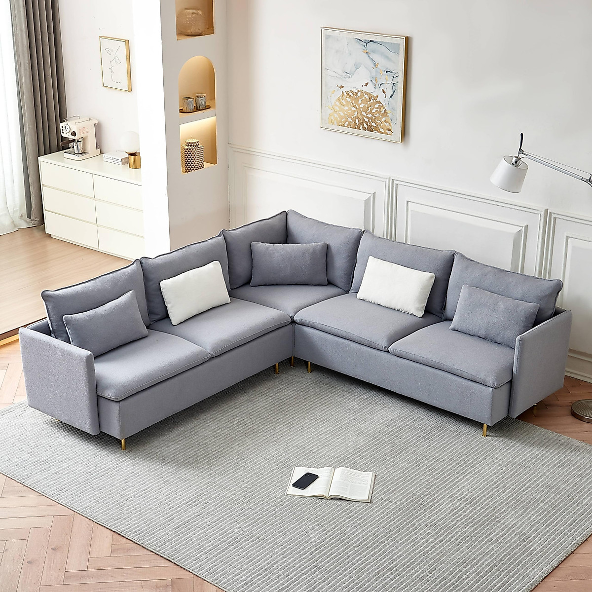 L Shaped Sectional Sofa Couch 5 Seater Living Room Corner Sofa Set , Modern Modular Sectional Sofa Couch ,Comfy Upholstered Sofa Couch ,Teddy Fabric with Deep Seater,Gold Leg,5Pillows Include (Grey)