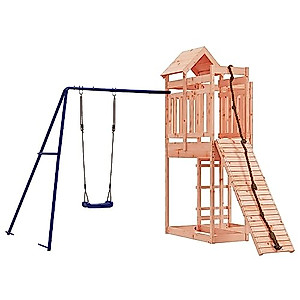 Loibinfen Outdoor Playset Solid Wood Douglas, Garden Play Set with 1 Play Tower, 1 Climbing Wall, 1 Single Swing Set, Modern Outdoor Backyard Children's Climbing Wood Playground Playset,-4544