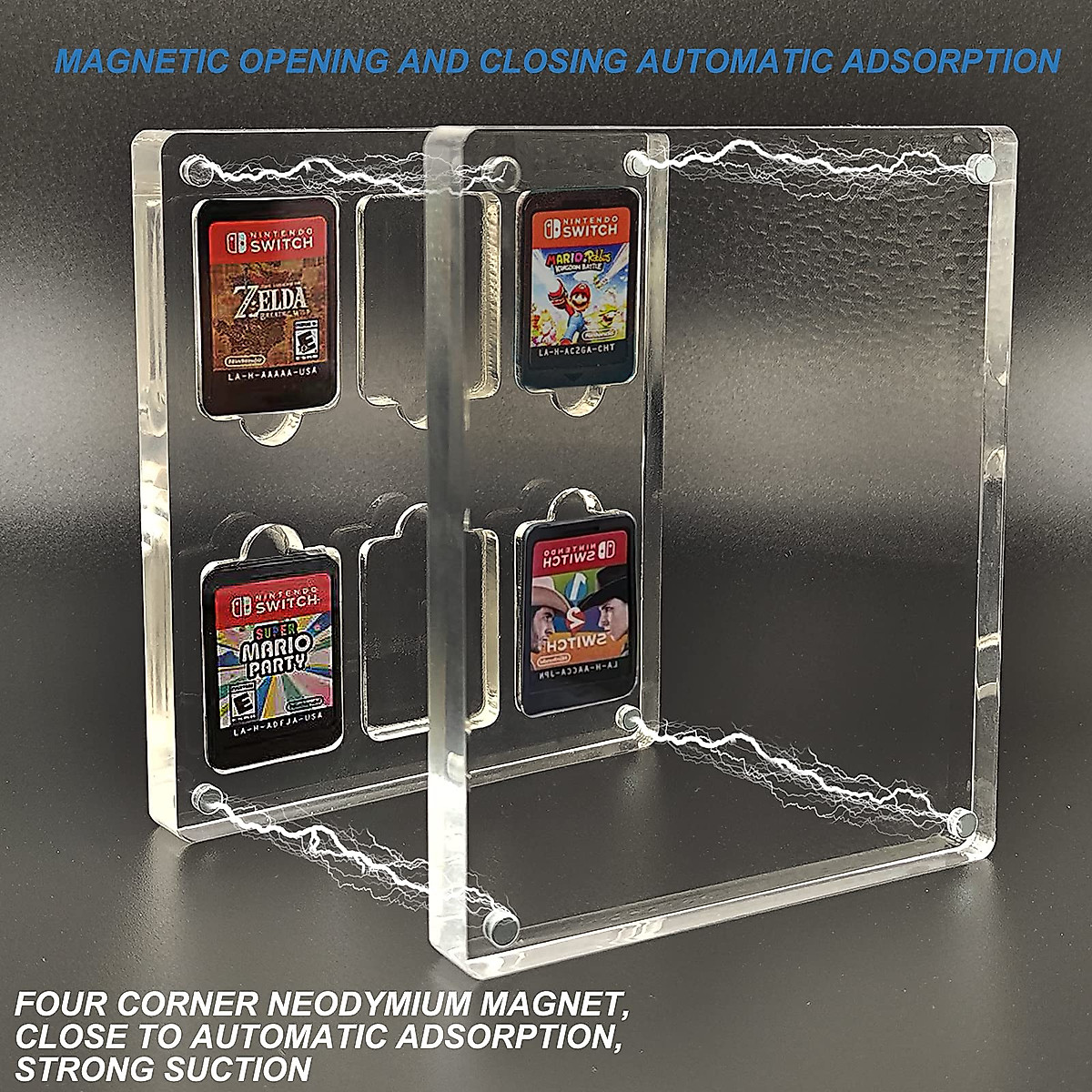 X-Richmen Game Card Case for Nintendo Switch Transparent Acrylic Game Storage Box Protective Shockproof Display Cabinet with 6 Slots Game Storage Box, Gift Mario Mushroom Red and Blue Thumb Grip 2PCS