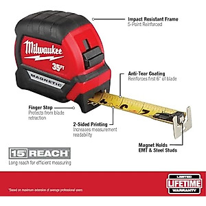 Milwaukee 35 Foot Compact Magnetic Tape Measure with 15 Feet of Reach