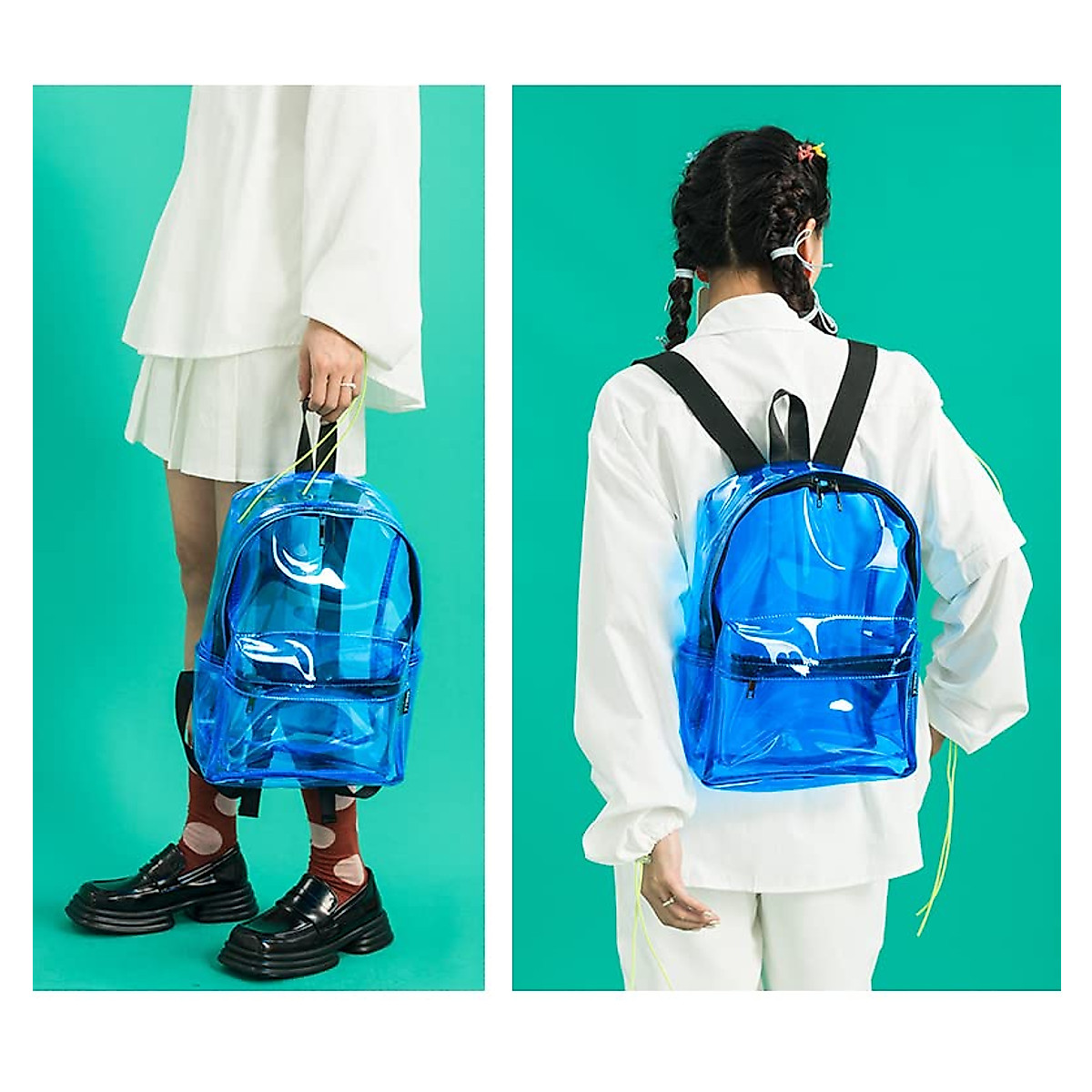 svlftecon Stylish Clear Backpack for Women and Men Lightweight Water Resistant PVC for Work Travel College See Through Transparent (Black,Large)