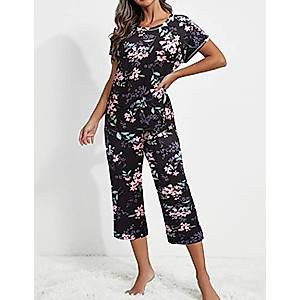Ekouaer Women's Sleepwear Summer Capri Pajama Sets Short Sleeve Tops with Capri Pants Two-Piece Pjs Lounge Sets Black Flower XL