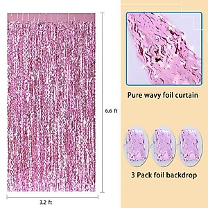 Pink Foil Fringe Curtain - Wavy Pink Fringe Backdrop 3.3 x 6.6 Feet, Pack of 3 | Pink Streamers Party Decorations Pink Birthday Decorations Valentine's Day Decoration Party Supplies