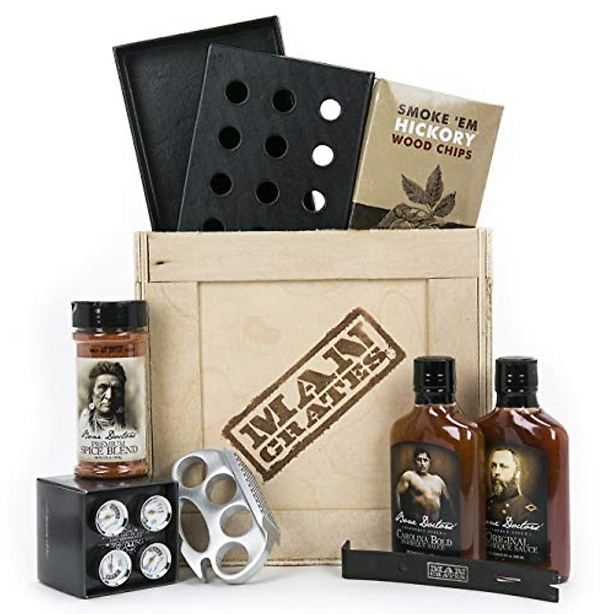 Man Crates Grill Master Crate with Wood Chips, Smoker Box, Sauce and Tenderizer – Great Gifts for Men