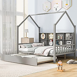 YOPTO Full Size House Bed with Trundle,Pine Wood Playhouse Bed Frame W/Storage Shelf,Front and Rear Guardrails,No Box Spring Needed,Easy Assembly,for Kids,Boys,Girls