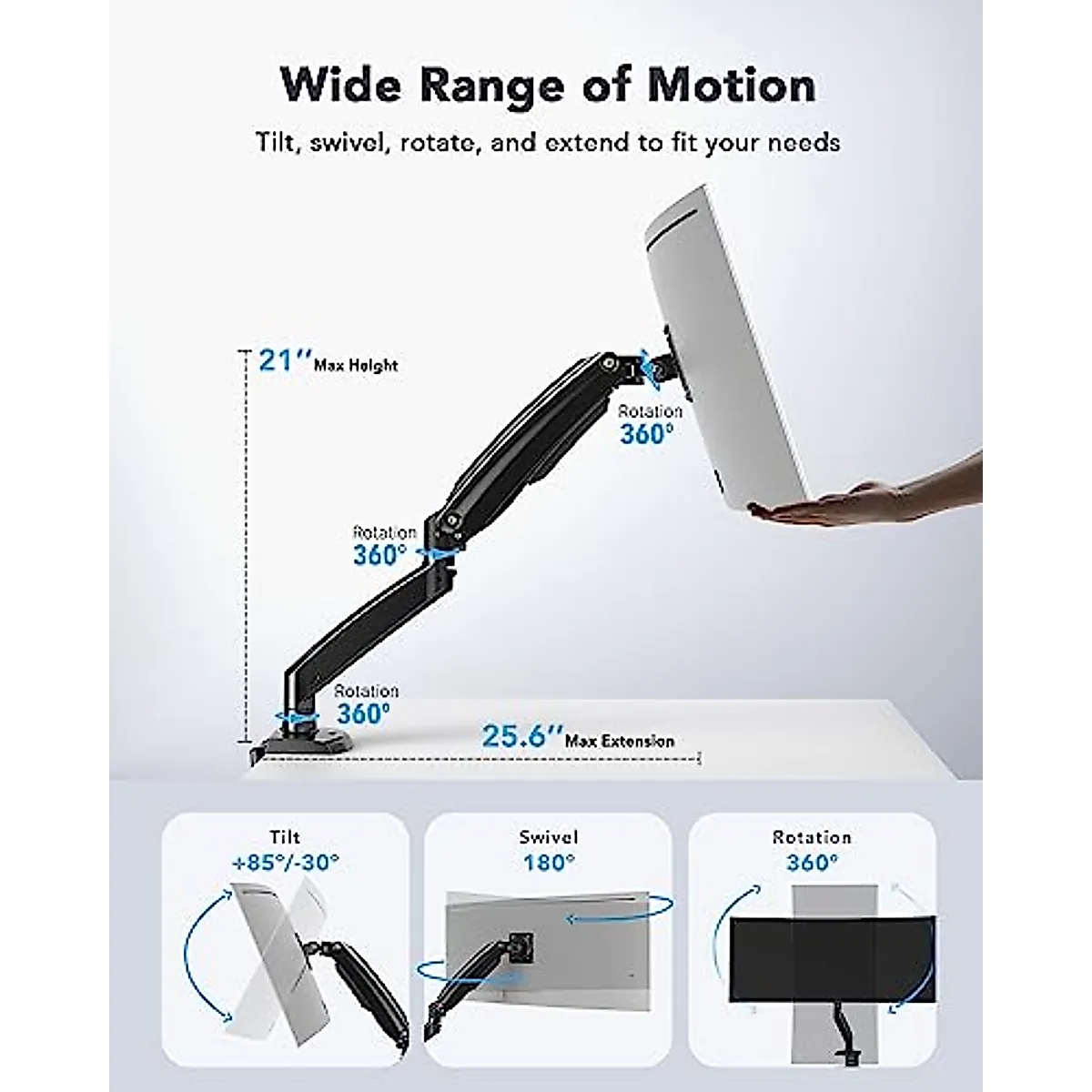 HUANUO Gas Spring Single Monitor Stand, Ultrawide Vesa Mount with Clamp and Grommet Base for 13 to 35 LCD Computer Screen, Upgraded Desk Arm with USB, Holds 4.4 to 26.4 lbs