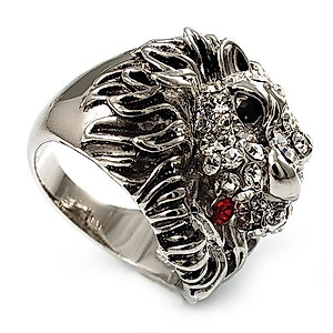 Avalaya Statement Rhodium Plated Crystal 'Lion' Ring - size 9