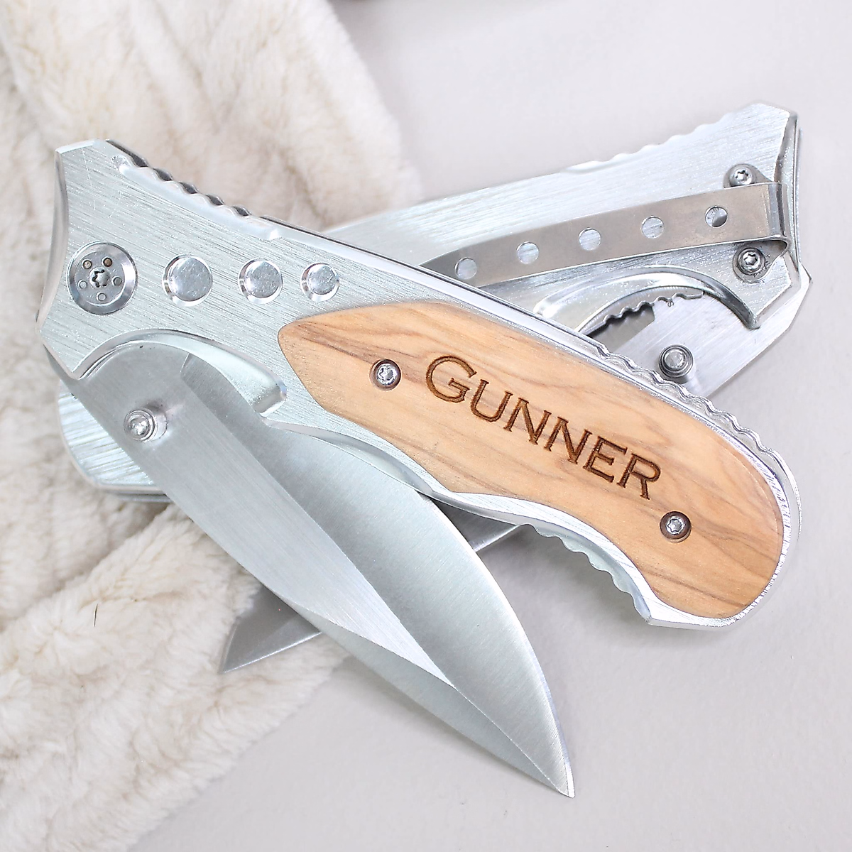 Anniversary Gift For Men Custom Engraved I Love You More Wood Handle Folding Pocket Knife (Stainless Steel)