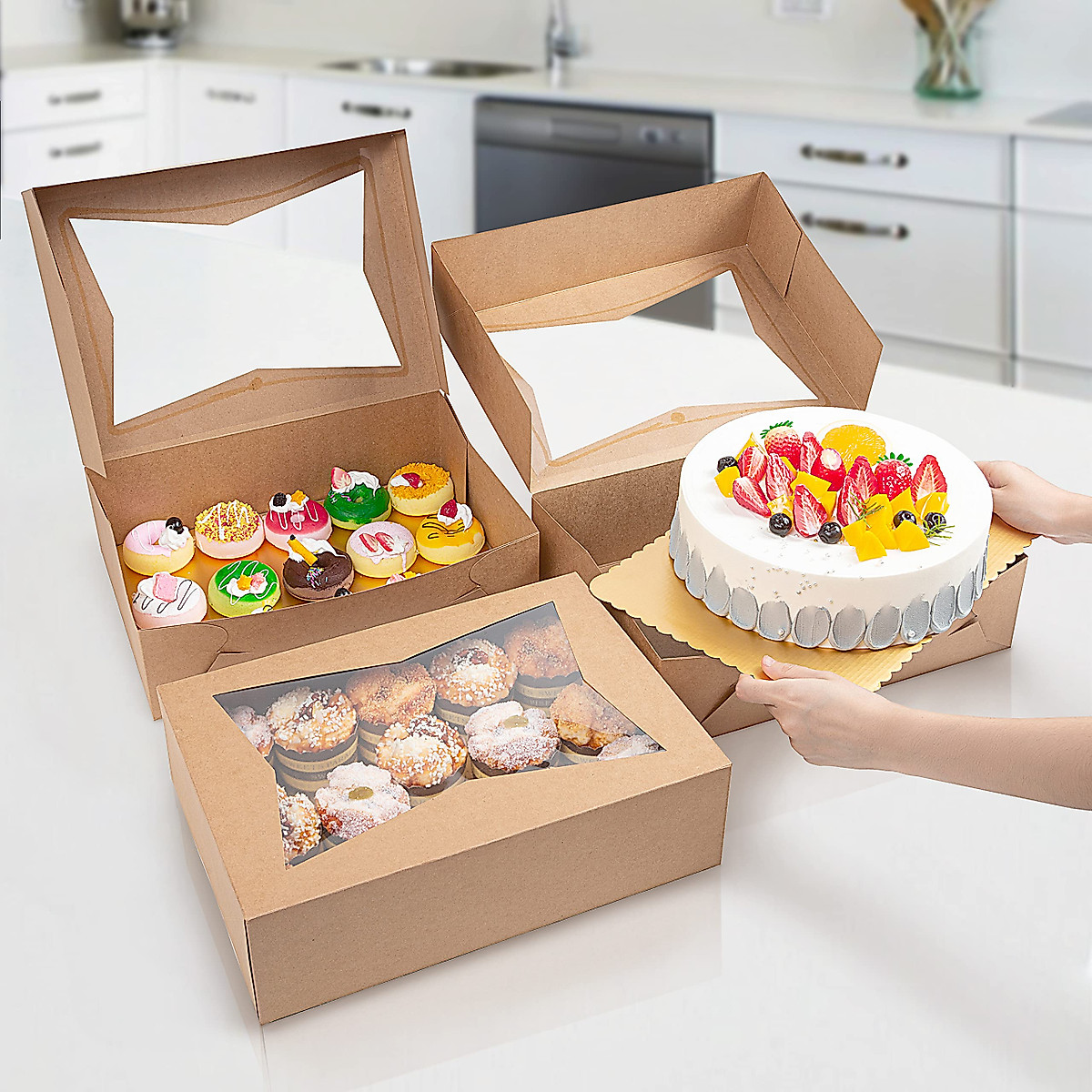 FATRE FOODS (15 Pack) Cake Boxes with Cake Boards INCLUDED – Easy-Assembly, 14 x 10 x 4 Inch, Dessert Boxes with Window, Stickers – Store & Sell Cakes, Cupcakes, Muffins, & Donuts in Bakery Boxes