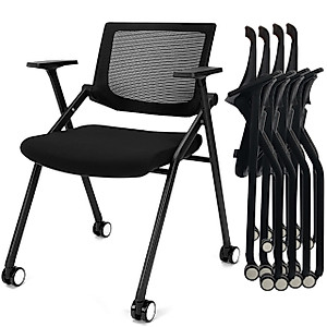 [2 Pack] Stackable Conference Room Chairs with Wheels and Paddle, Ergonomic Mesh Back and Arms for Meeting, Conference, Reception, Training Room & Home Office Desk Folding Chairs