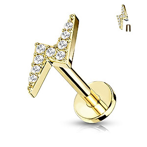 Pierced Owl 16G Stainless Steel Internally Threaded CZ Crystal Paved Lightning Bolt Top Flat Back Lip Cartilage Stud (Gold Tone, Bar Length: 6mm)