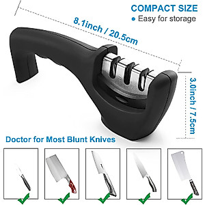 Daailoktau 3-in-1 Knife Sharpener, 3 Stage Manual Sharpener for Sharpening Kitchen Knives - Ceramic Stone, Tungsten Carbide Plates, Diamond rods. Ergonomic Design, Black/Chrome Finish