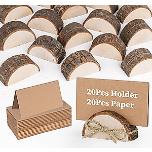 20 Premium Wood Place Card Holders, Rustic Mini Table Number Holders with 20 Kraft Table Place Cards and 50 m Natural Jute Rope, Table Sign Stand, Name Card Photo Picture Holders for Wedding Party