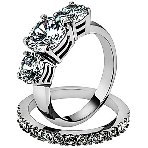 Marimor Jewelry Stainless Steel 4.17 Carat Round Cut 3 Stone Engagement and Wedding Ring Set Size 5