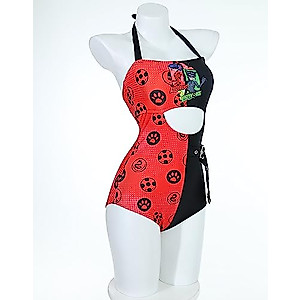 Miraculous Women's Ladybug and Lady Noir Beach Halter One Piece Swimsuit Bathing Suit (as1, Alpha, m, Regular, Regular, Black and Red)