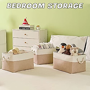 Storage Bins 3 Pack, Fabric Storage Basket for Collapsible Large Canvas Storage Baskets for Organizing Shelf Nursery Home Closet with Cotton Rope Handle (White&Khaki-15(L) x 11(W) x 9.5(H) in-3PCS)