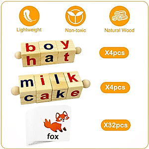 Celarlo Wooden Reading Blocks Spelling Games, Flash Cards Turning Rotating Letter Puzzle for Kids, Sight Words Montessori Spinning Alphabet Learning Toy for Boys Preschool