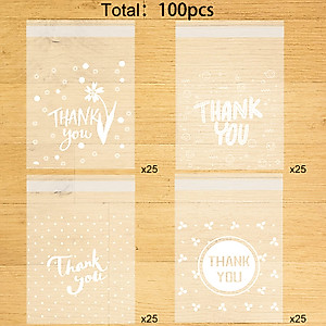 Konsait 100Count Thank You Cookie Candy Treat Bags Self-adhesive Sweets Biscuit Dessert Bags Plastic Bags Packaging Thank You Cellophane Gift Goody Bags for Bithday Party Favors 5.9×7inch