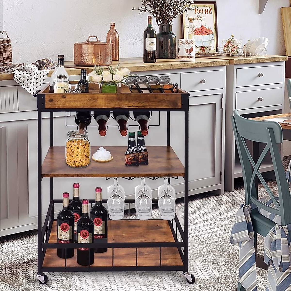 Fleecy day Bar Carts for Home,Bar Serving Cart 3-Tier Rustic Wood with Wine Rack and Glass Holder,Beverage Cart with Wheels and Metal Serving Trolley 34in