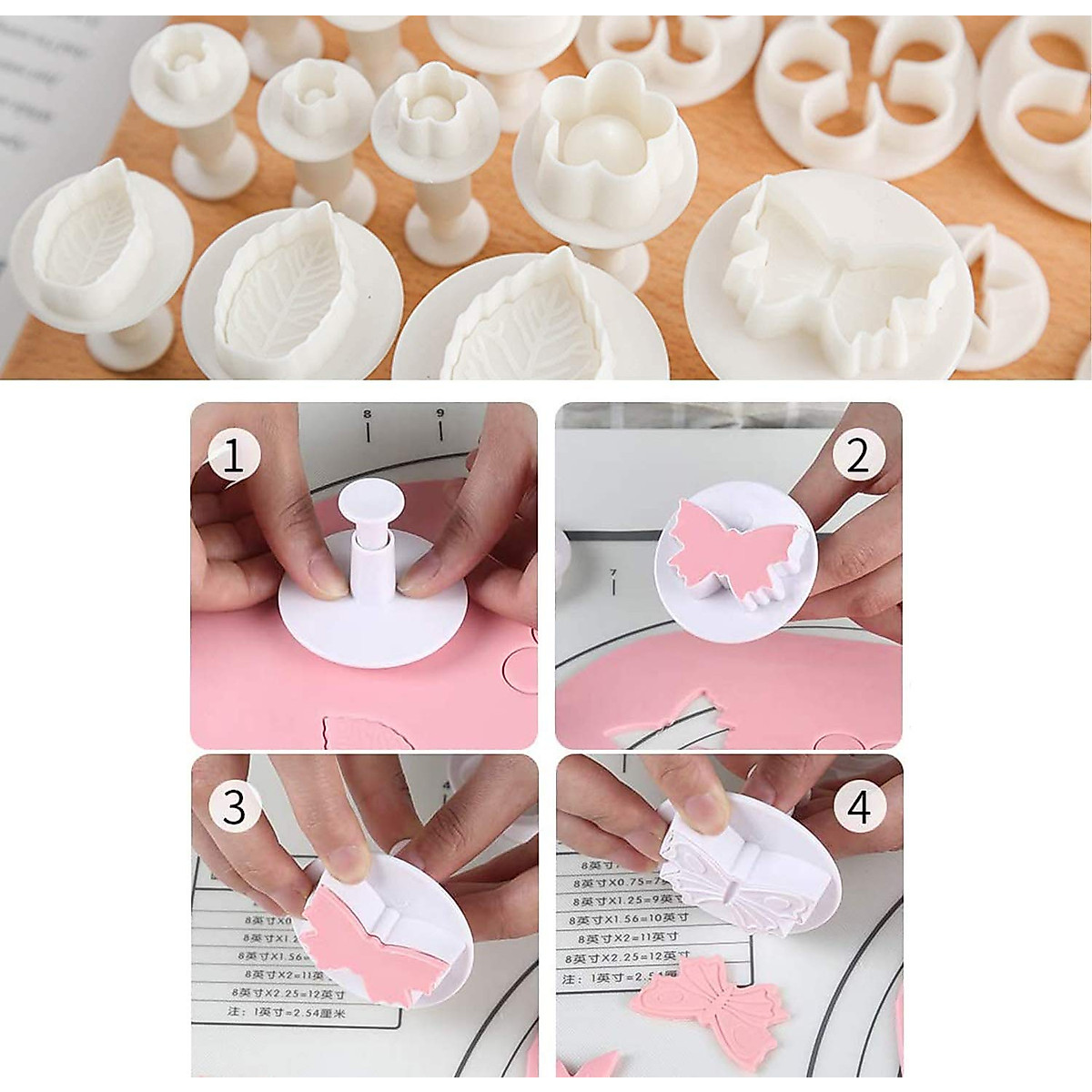 INSPEE Fondant Tools 33 Pieces Plunger Sugarcraft Cake Cookie Cutters Sunflower Leaf Butterfly Heart Gerbera Shapes Decorating Mold DIY Tools