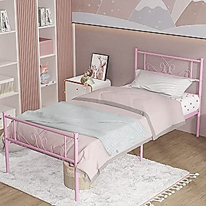 Weehom Platform Steel Bed Frame with 6 Legs Mattress Foundation Heavy Duty Bed Steel Slat Support Easy Assemble Kids Adults(Twin Size),Pink
