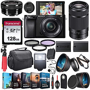 Sony Alpha a6100 Mirrorless Camera UHD 4K 2 Lens Kit (ILCE6100Y/B) with 16-50mm & 55-210mm Lens + Extra Battery + Flash + Wide Angle & Telephoto Lens + Filters + 128GB U3 V30 Memory Accessory Bundle