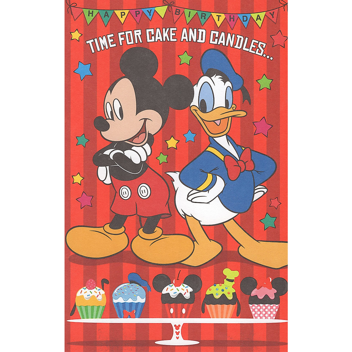 Mickey Mouse, Donald Duck, and Goofy Happy Birthday Card - Time for Cake and Candles... and Smiles and Presents Too. It's Time for Special Wishes 'Cause It's Birthday Time for You!