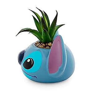 Disney Lilo & Stitch 3-Inch Ceramic Mini Planter with Artificial Succulent | Small Flower Pot, Faux Indoor Plants for Desk Shelf, Home Decor Trinket Tray and Collectibles (Blue, One Size)
