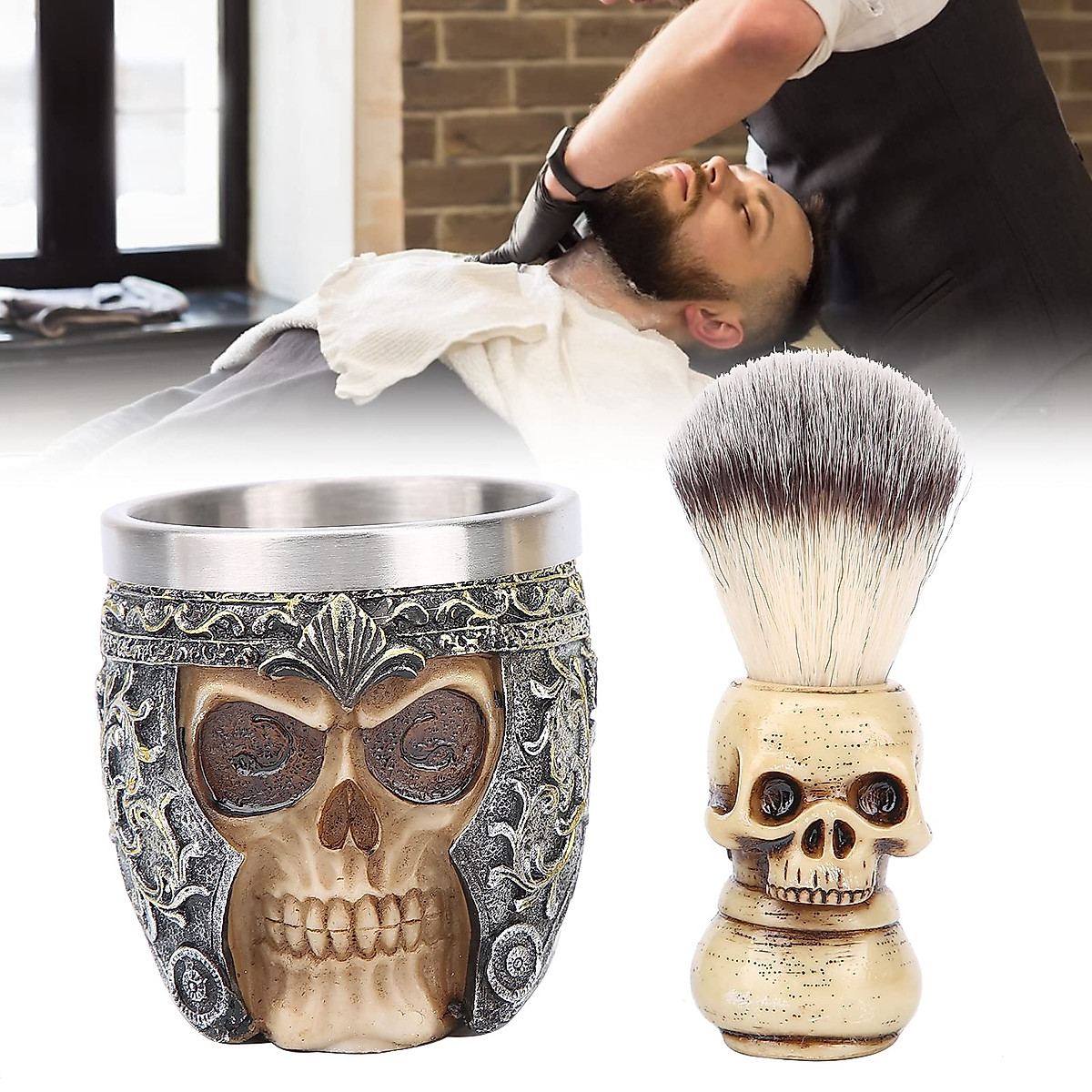 Dioche Men's Beard Shaving Set, Stainless Steel Shaving Bowl and Brush, Hair Shaving Brush and Mug Set for Men, Use for Hair Salon and Household