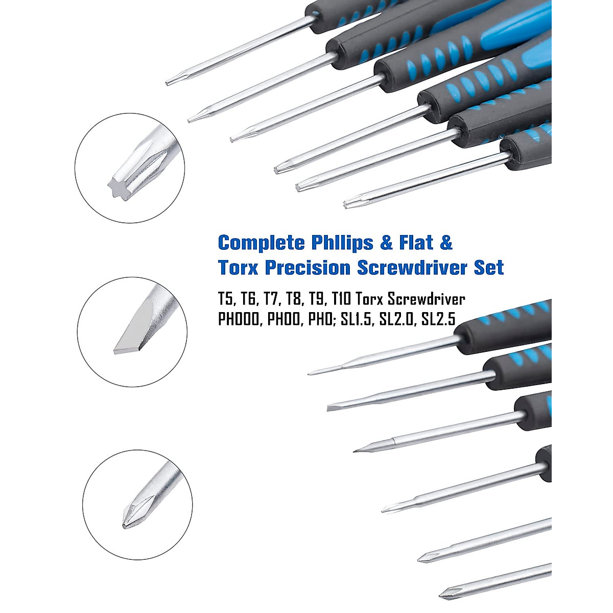 ROTATION 12-Piece Precision Screwdriver Set, Phillips, Slotted, Torx Star, Magnetic Screwdriver Repair Tool Kit, Non-Slip Grip, Swivel End Cap, for Eyeglass, Watch, Computer, Laptop, Phone