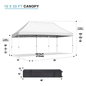CAJECUS 10' x 20' Pop Up Canopy, Durable Easy Beach Canopy Tent, Waterproof Outdoor Canopy with 3 Adjustable Height, Roller Bag, 6 Sand Bags, 4 Ropes & 8 Stakes, White