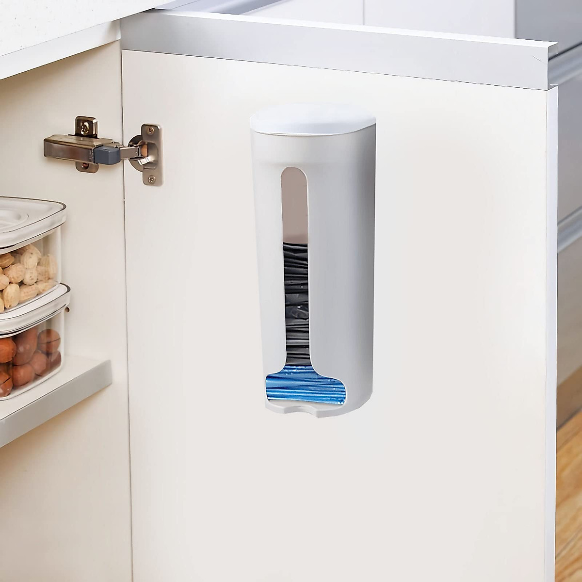 BAOOOFU Plastic Bag Holder Wall Mount, Trash Bag Dispenser Roll Holder Kitchen Under Sink, Grocery Bags Storage Hanging Over Cabinet Door Bag Saver, 27.5cm x 10cm x 10cm (White)