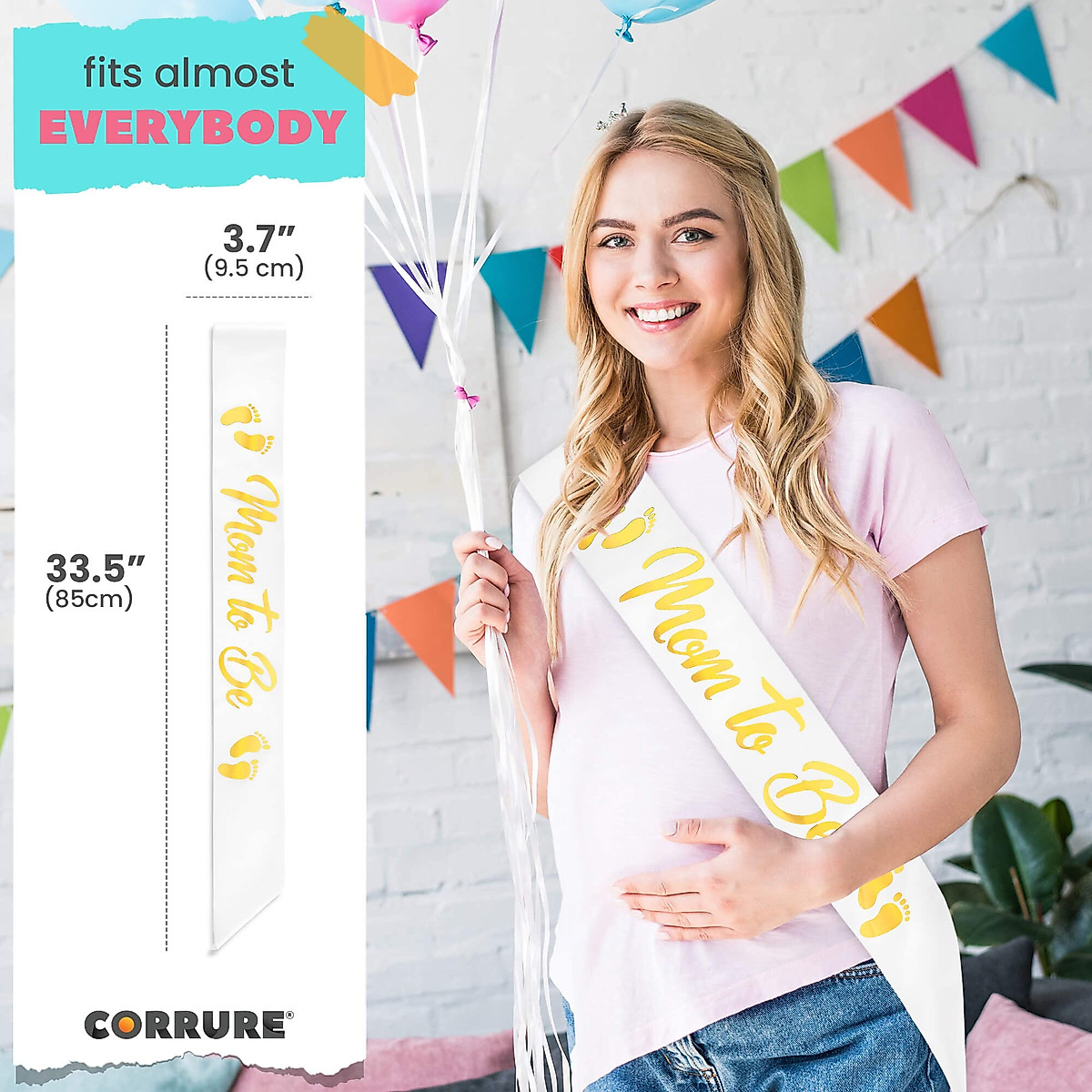 CORRURE Baby Shower Sash for Boy or Girl - 'Mom to Be' Sash With Beautiful White Ribbon and Gold Foil Text - Ideal Gender Reveal, Baby Shower, Welcome Baby, Mom to Be or Baby Sprinkle Gift