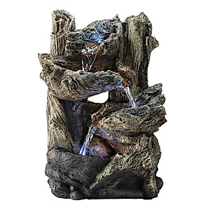 Alpine Corporation 14" Tall Indoor/Outdoor Tiered Log Tabletop Fountain with LED Lights, Beige