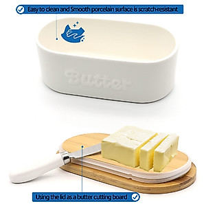 MBR FORCE Ceramic Butter Dish with Lid for Countertop Large White Farmhouse Butter Holder with Knife Butterdish Keeper Container Box