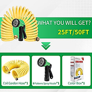 Yereen Coil Garden Hose 25FT, EVA Recoil Garden Hose, Self-coiling Water Hose with 3/4" Brass Connector Fittings with 8 Function Spray Nozzle, Creamy Yellow