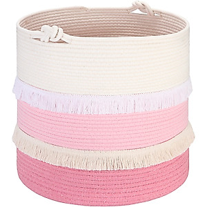 Sea Team Large Size Cotton Rope Basket with Decorative Macrame Patchwork, Cute Tassel Woven Storage Bin, Laundry Hamper, Clothes, Toys, Blankets Organizer for Baby Girls, 17 x 17 Inches, Pink
