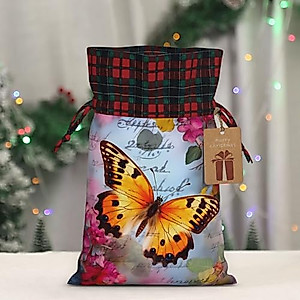 EVANEM Christmas Gift Bags with Drawstring Burlap Gift Bags Butterfly Christmas Linen Bags for Xmas Party Candy Bags with Cards Xmas Reusable Wrapping Bags Christmas Linen Treat Bags for Holiday
