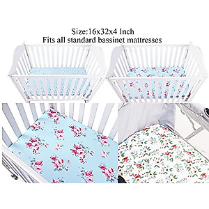 Floral Bassinet Sheet Set 3 Pack Jersey Knit Ultra Soft Stretchy Compatible with Halo,Graco,Dream On Me,MiClassic,Chicco Lullago,Delta,4Moms,Mika Micky Mattress and More for Baby Girl Boy Blue