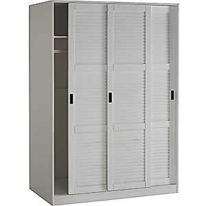 Palace Imports 100% Solid Wood Wardrobe with 3 Sliding Louvered Doors, White. 5 Shelves Included. Additional Large Shelves Sold Separately.
