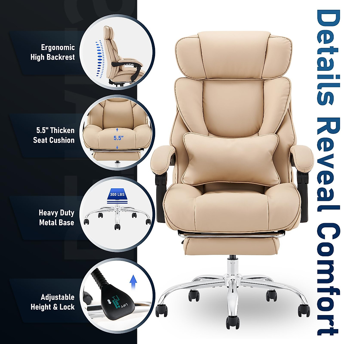Office Chair with Footrest-Ergonomic Computer Chair with Extra Lumbar Support Pillow, High Back Executive Desk Chair Thick Bonded Leather, Large Home Office Work Chair with Wide Seat for Comfort-Khaki