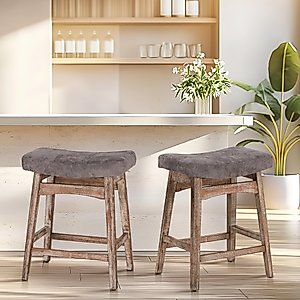 ALPHA HOME Bar Stools Set of 2, Solid Wood Saddle Kitchen Stools with Grey Linen Fabric Cushion Counter Height Barstools, 24 Inch, Grey, 2PCS
