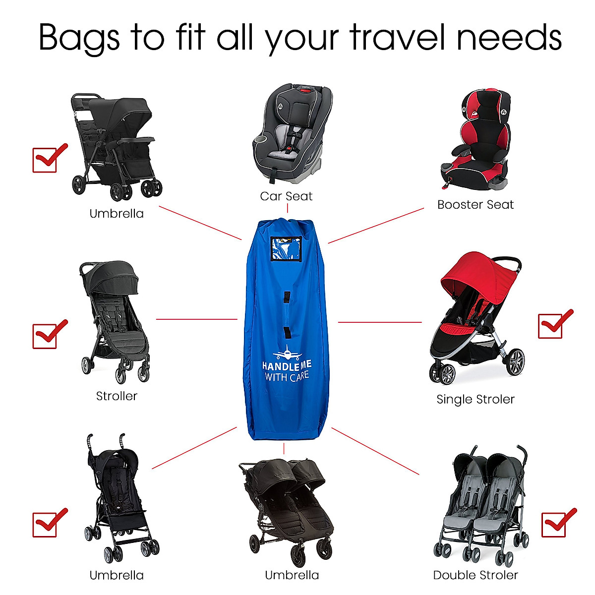 Travel Gate Check Bag For Airplane - Umbrella Stroller Size 45x12x16 600D Nylon Waterproof, Adjustable Shoulder Strap, Blue
