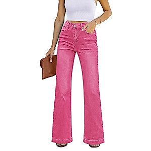 GRAPENT Womens Plus Size Jeans for Women Stretch High Waisted Flare Jeans Ripped Jeans Womens Stretch Jeans 70s Outfits for Womens Jeans Size 12 Wide Leg Pants for Women Color Hot Pink Size 14