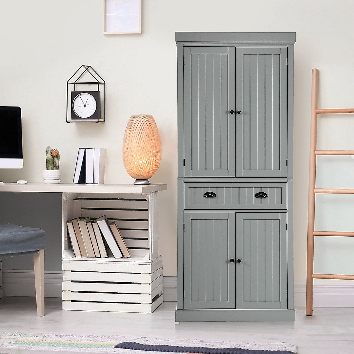 Huippy 72 inch Double Door Cupboard Freestanding Kitchen Pantry Cabinet with Four Adjustable Shelves and One Large Drawer for Kitchen Living Room Bedroom Hallway Home Office Storage (Gray)