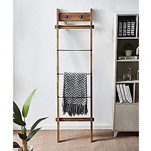 iltokk Wooden Blanket Ladder: 6ft Wall Leaning Blanket Ladder, Rustic Decorative Quilt Ladder, 4-Tier Farmhouse Blanket Ladder with 2 Hanging Hooks, for Bedroom, Brown